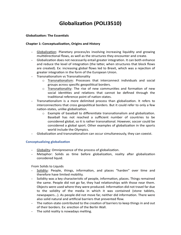 Globalization: Concepts, Origins & History - Lecture Notes