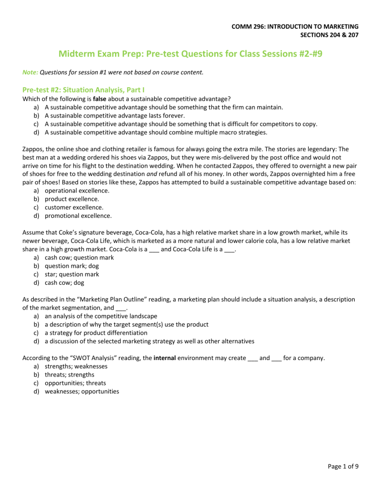 Marketing Midterm Exam Prep: Pre-test Questions