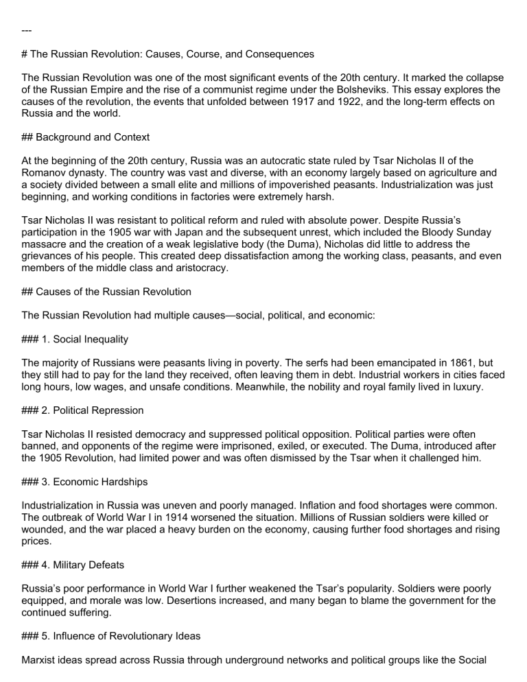 Russian Revolution: Causes, Course, and Consequences