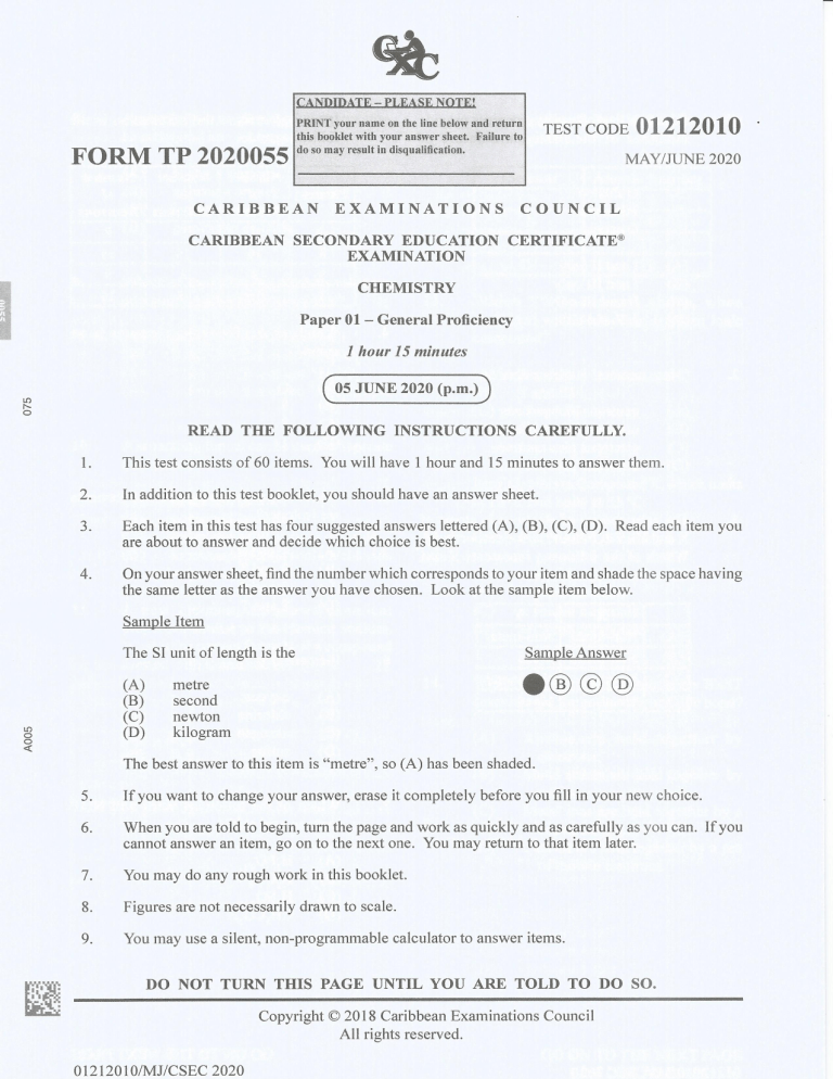 CSEC Chemistry Exam Paper 01 - General Proficiency