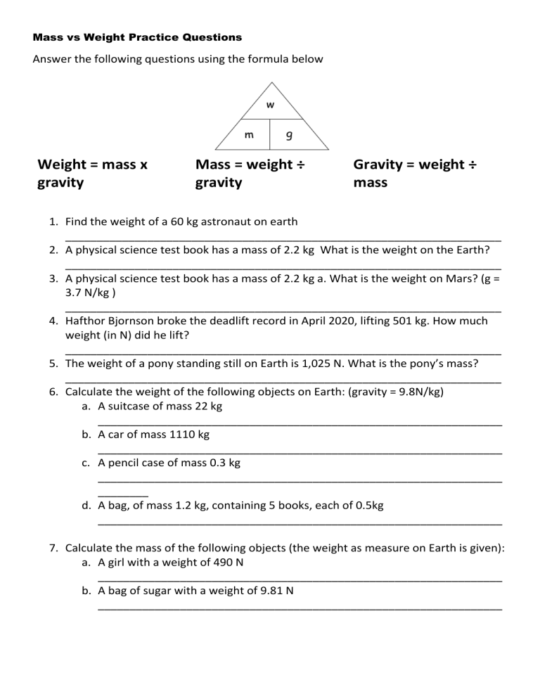 Mass vs Weight Practice: Physics Worksheet