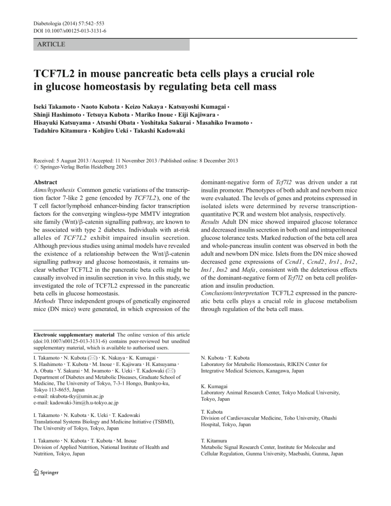 TCF7L2 & Glucose Homeostasis in Mouse Beta Cells