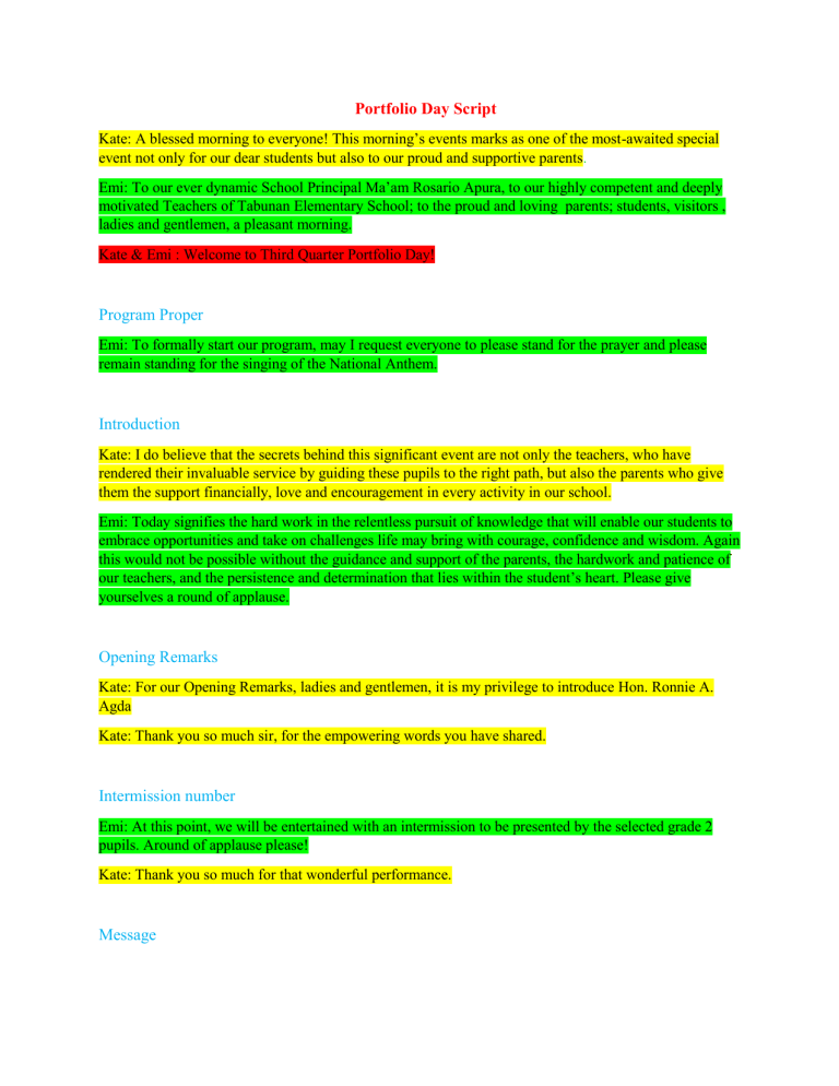 Portfolio Day Script: Tabunan Elementary School