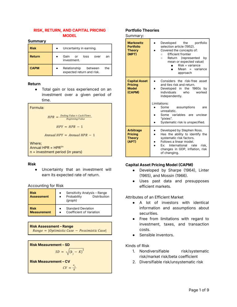 Risk, Return & Capital Pricing: Summary & Models