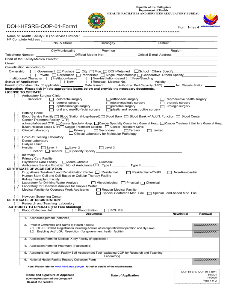 DOH Health Facility Application Form - Philippines