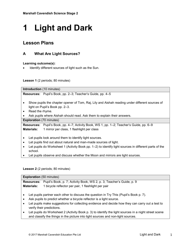 Light and Dark Lesson Plans - Elementary Science Stage 2