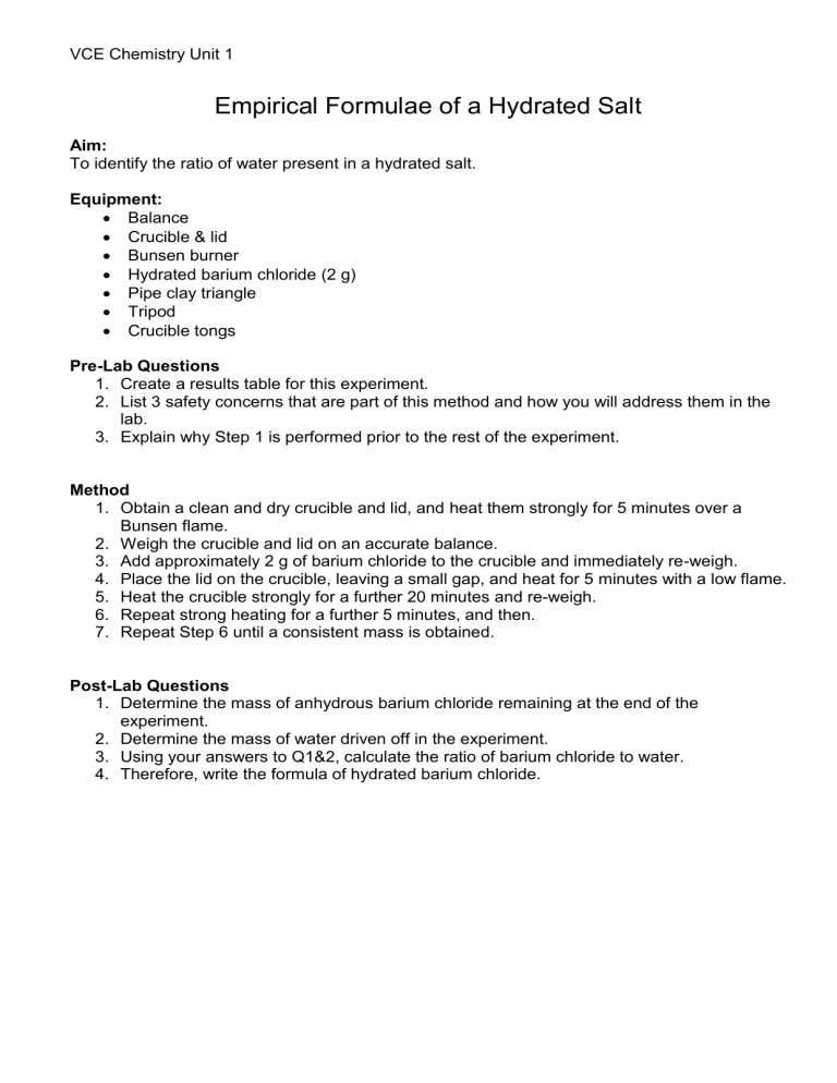 Hydrated Salt Empirical Formula Lab: Chemistry Experiment