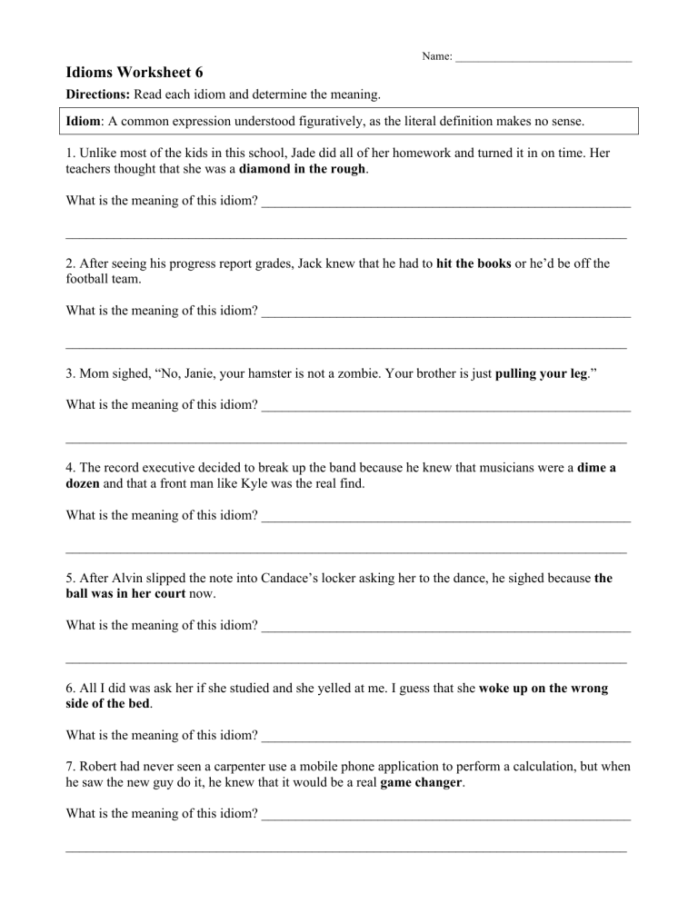 Idioms Worksheet 6: Figurative Language Practice