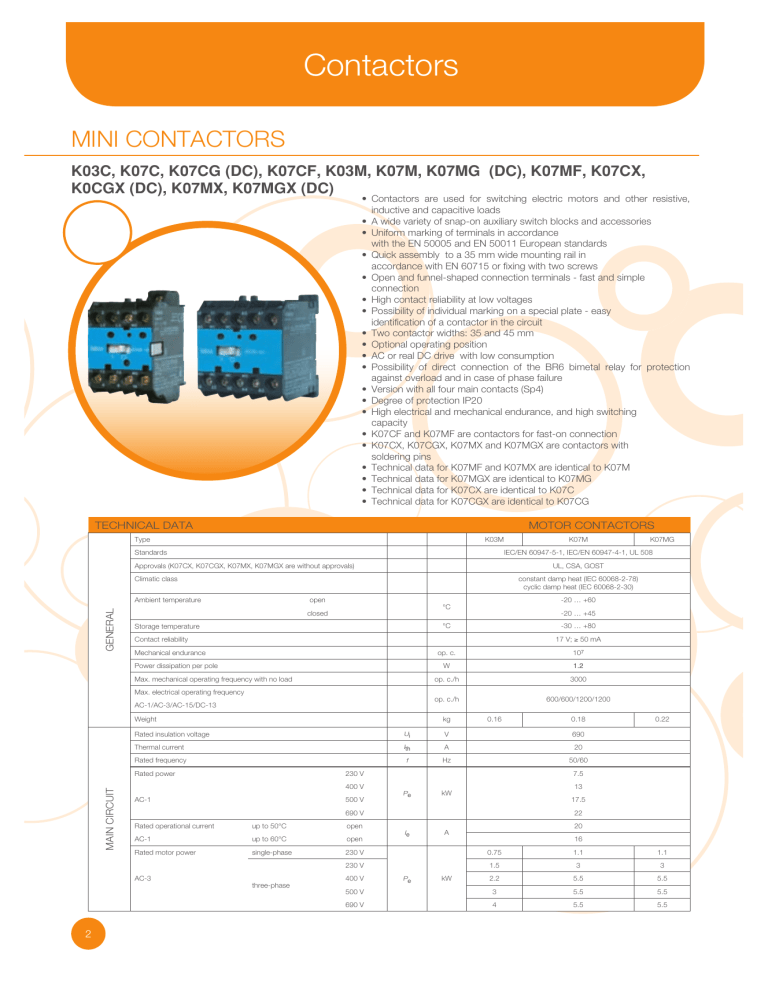 MINI CONTACTORS: Technical Data & Specifications