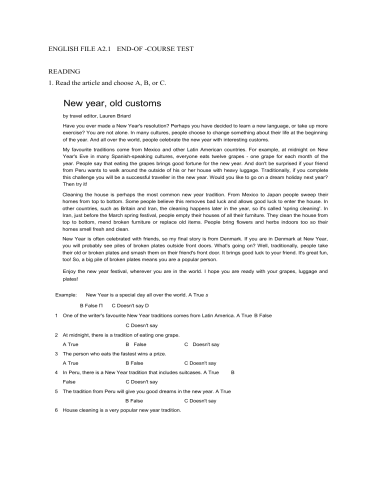 English File A2.1 End-of-Course Test