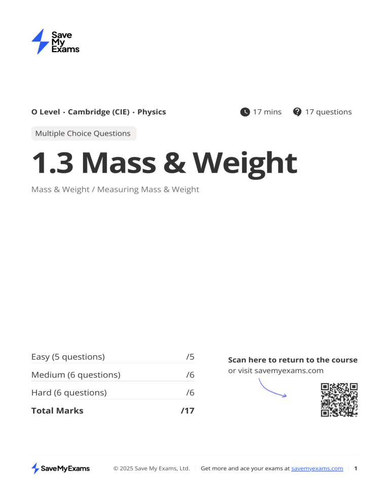 O Level Physics: Mass & Weight Multiple Choice Questions