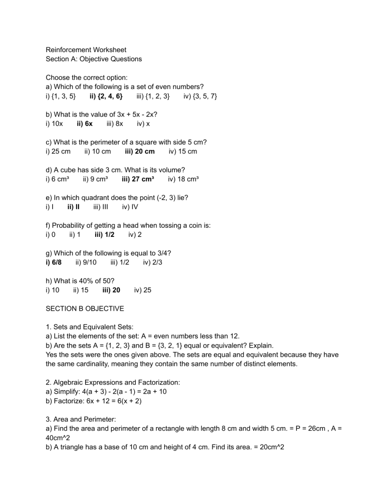 Math Worksheet: Sets, Algebra, Geometry, Probability
