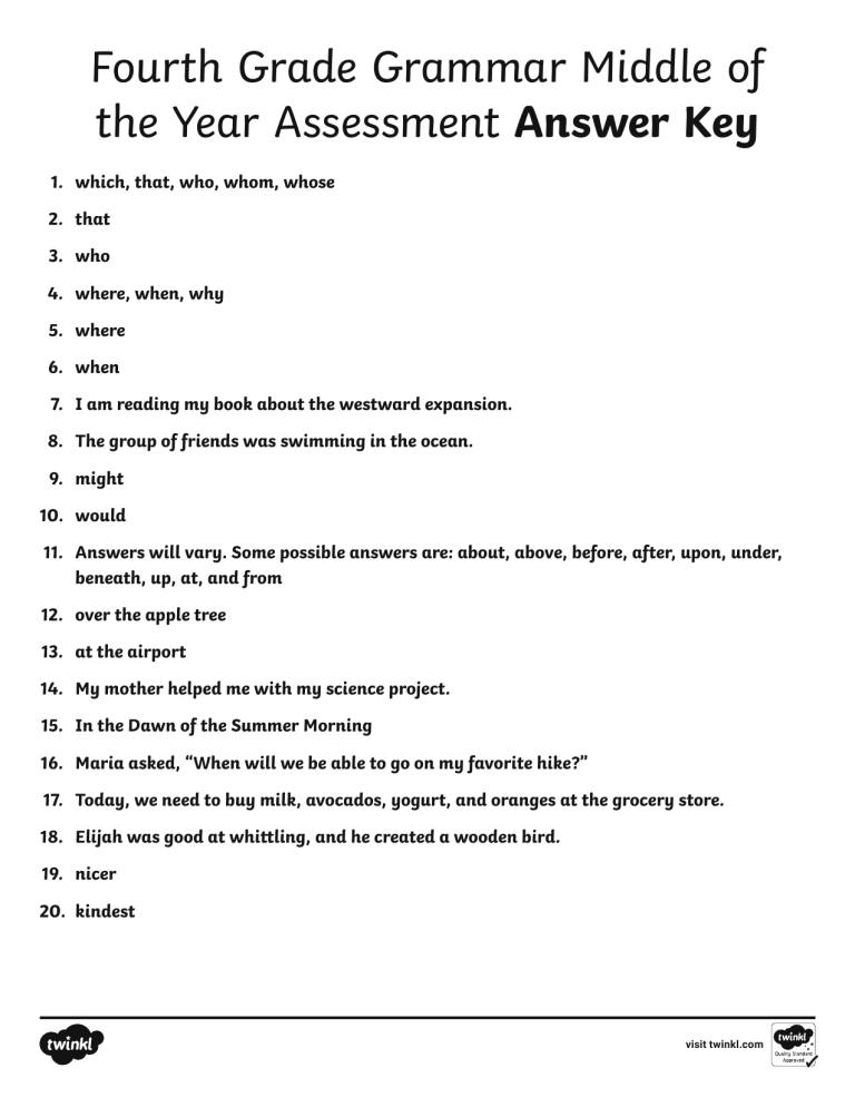 4th Grade Grammar Assessment Answer Key