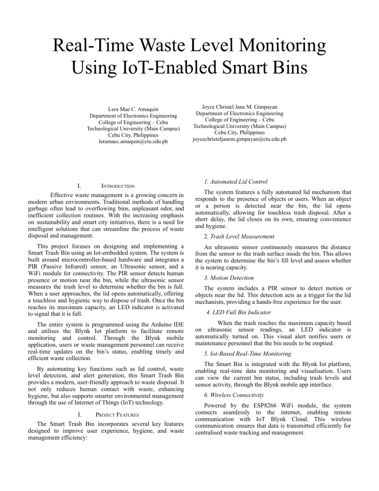 IoT Smart Trash Bin: Real-Time Waste Level Monitoring