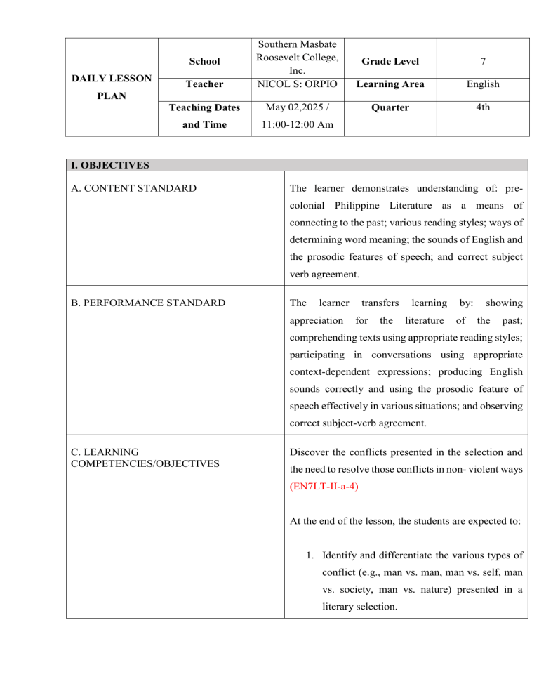 7th Grade English Lesson Plan: Conflict Resolution