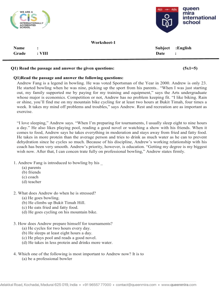 English Worksheet: Reading Comprehension & Sentence Skills