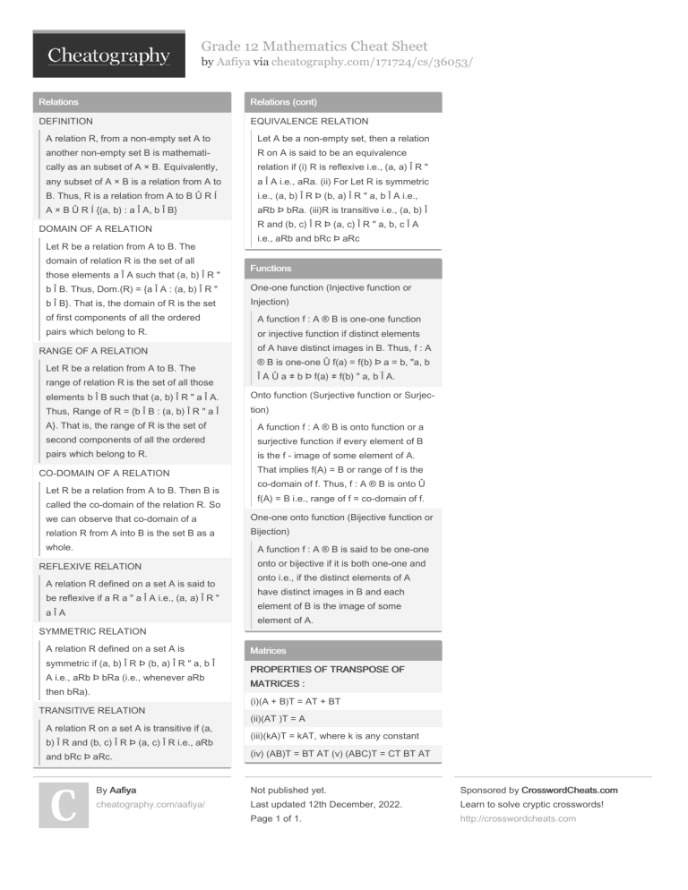 Grade 12 Math Cheat Sheet: Relations, Functions, Matrices