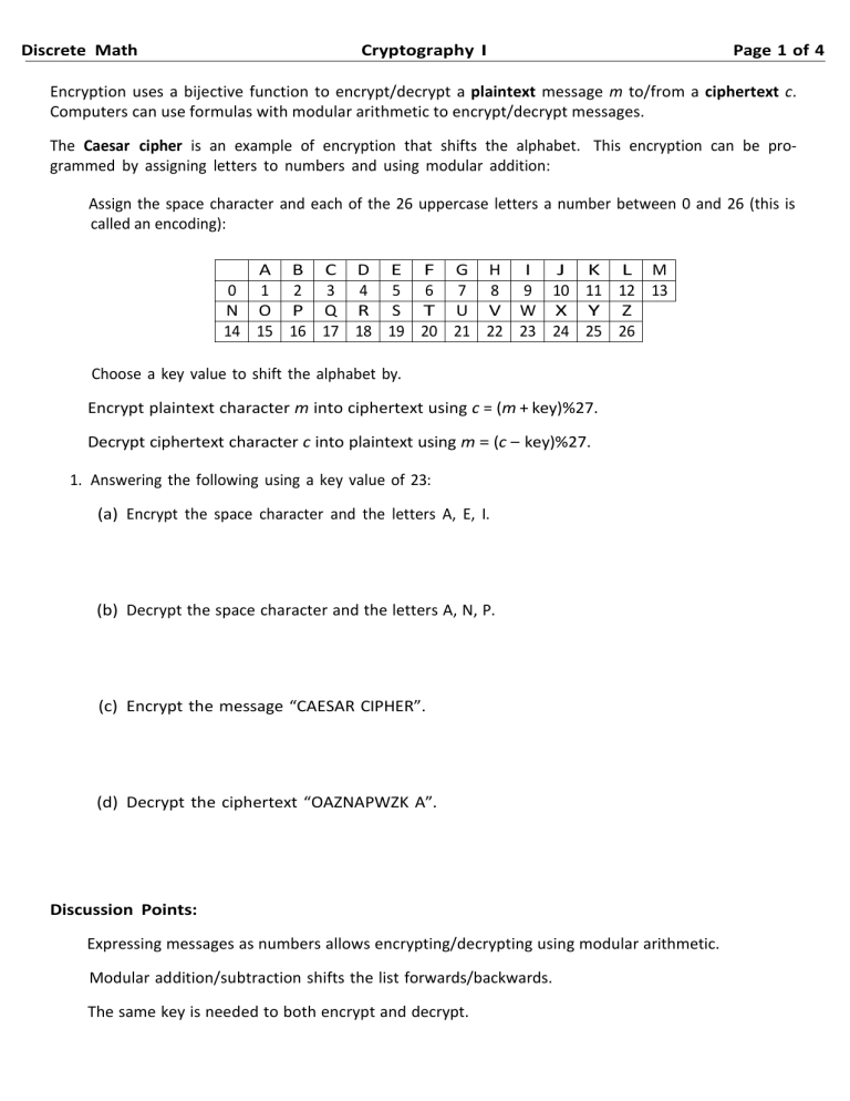 Cryptography Worksheet: Caesar & Product Ciphers