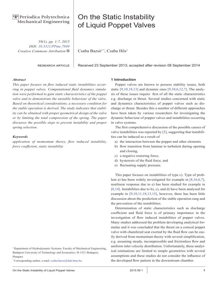 Static Instability of Liquid Poppet Valves: A CFD Analysis