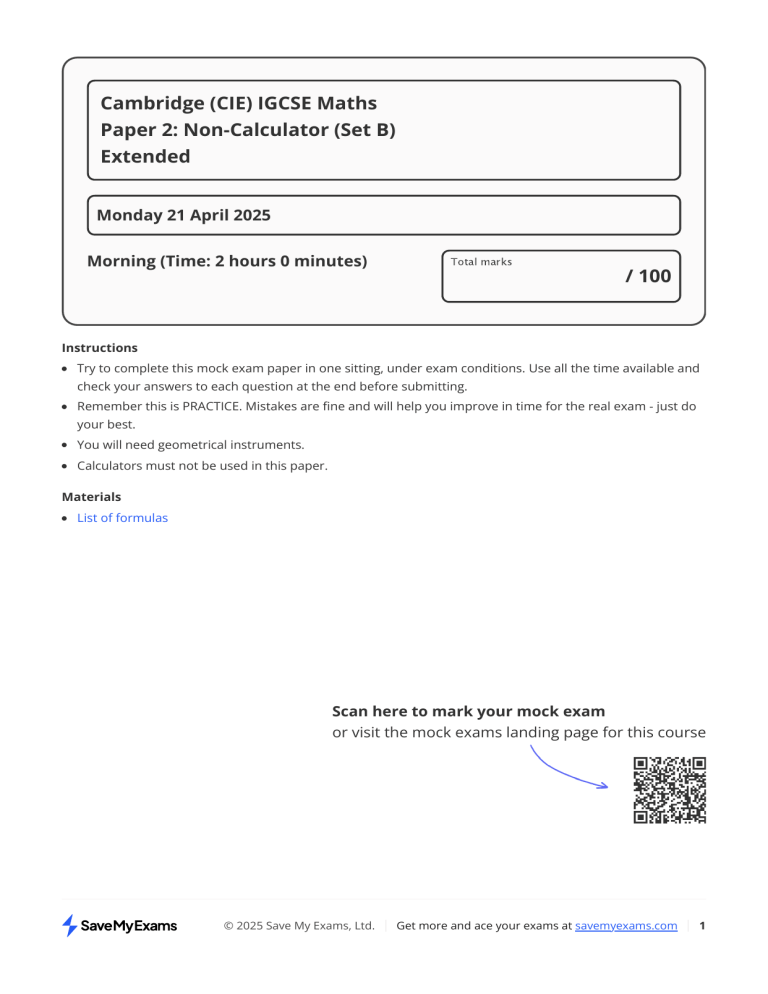 IGCSE Maths Paper 2 (Non-Calculator) Mock Exam