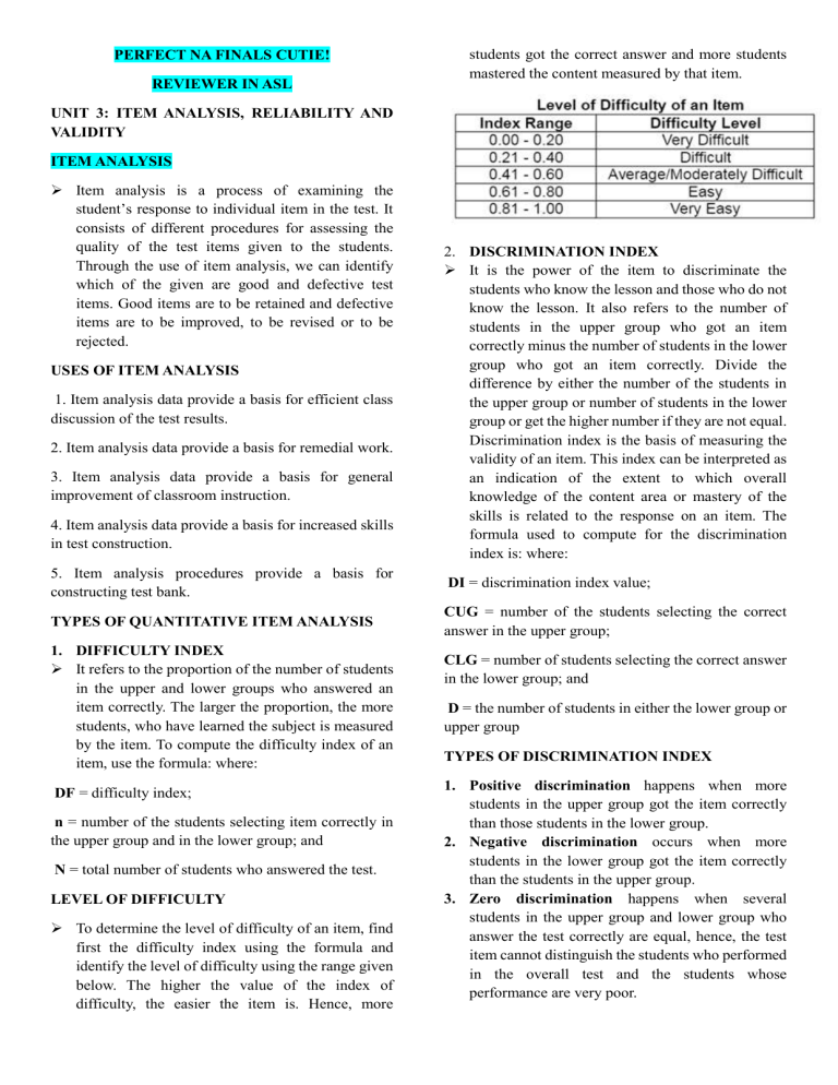 Item Analysis, Reliability & Validity Reviewer