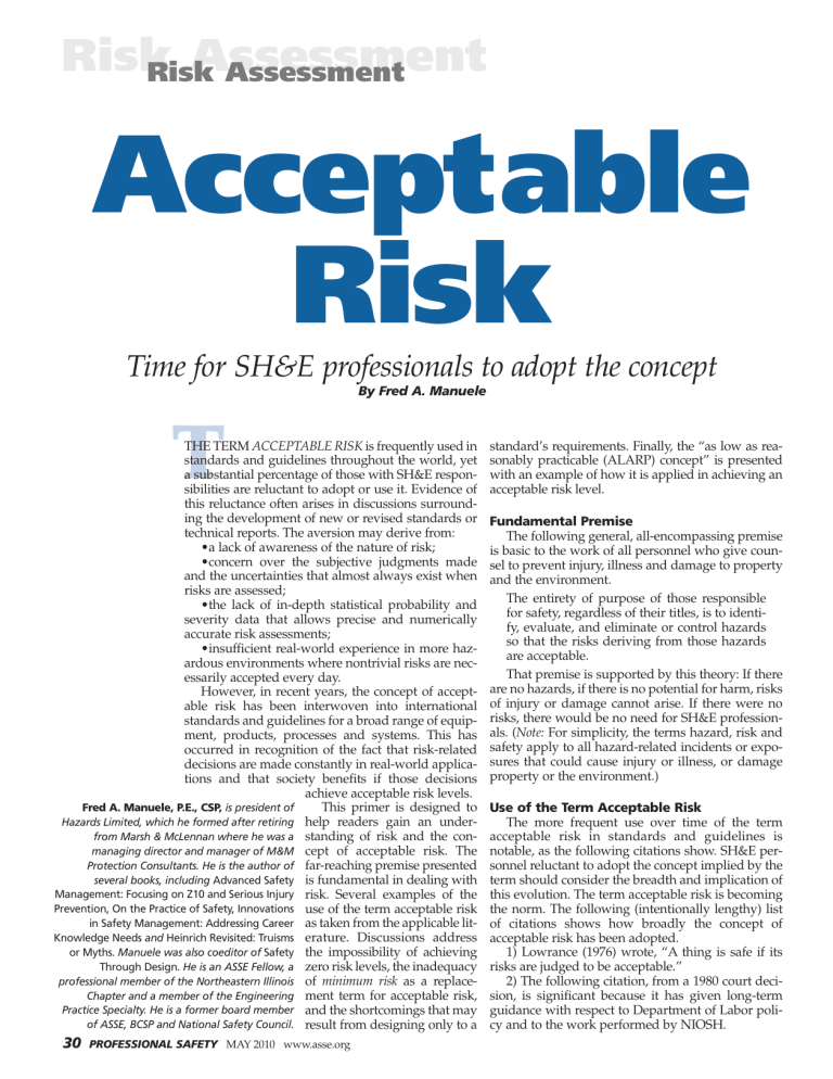 Acceptable Risk in SH&E: Time for Professionals to Adopt