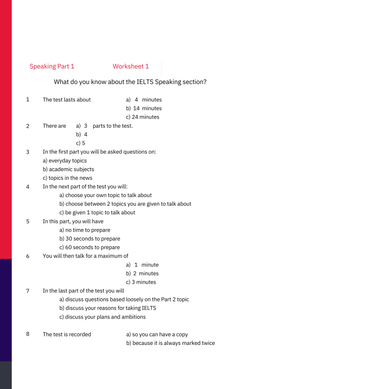 IELTS Speaking Part 1 Worksheet: Test Format Quiz