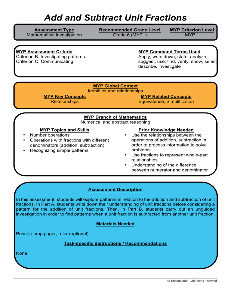 Unit Fractions: Addition & Subtraction Assessment (Grade 6)