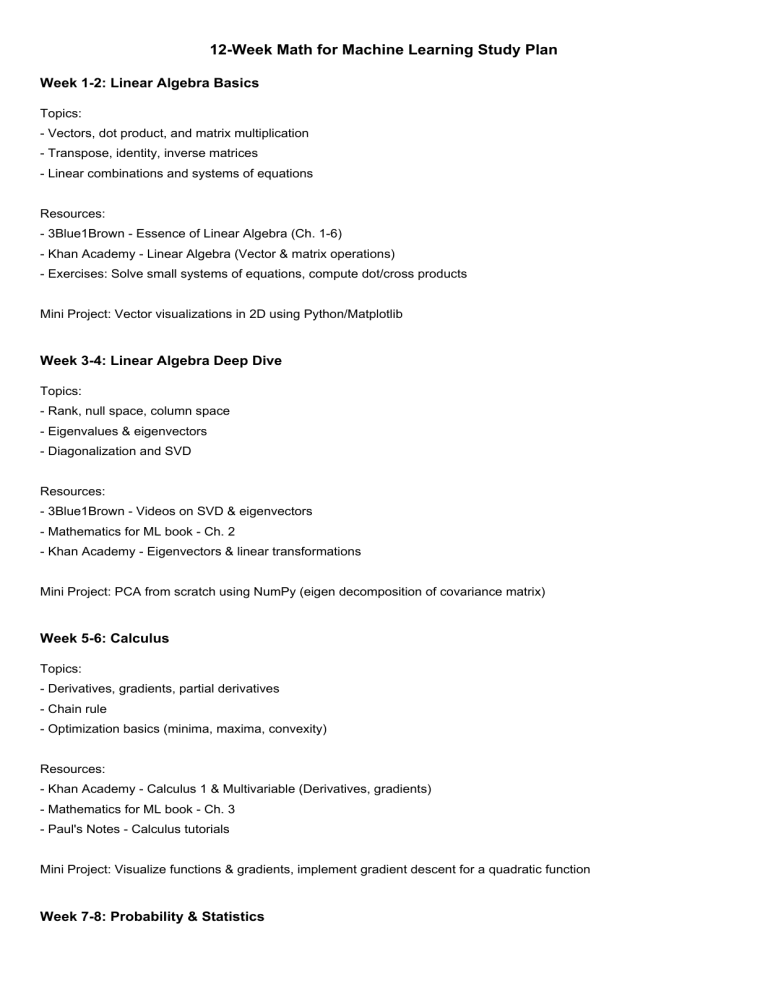 Math for Machine Learning: 12-Week Study Plan