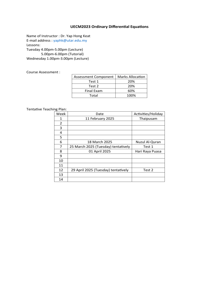 Ordinary Differential Equations Course Syllabus