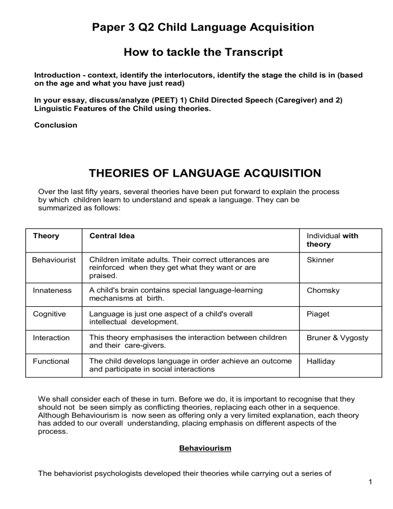 Child Language Acquisition: Transcript Analysis & Theories