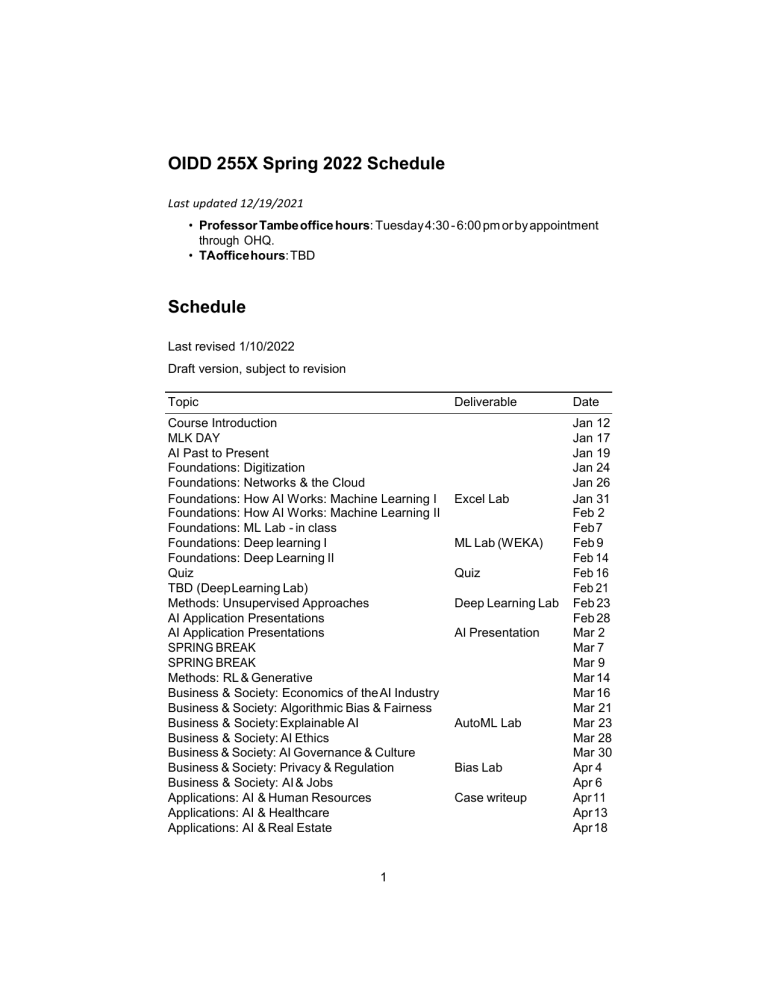 OIDD 255X Spring 2022 Course Schedule