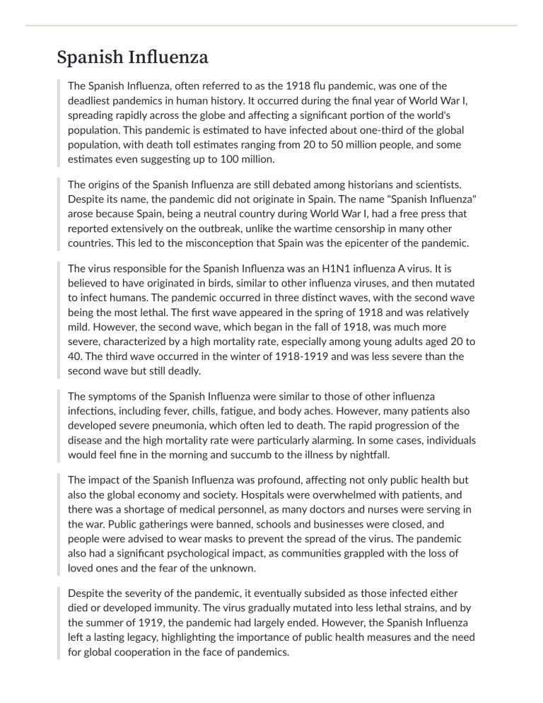 Spanish Influenza: 1918 Pandemic, History & Impact