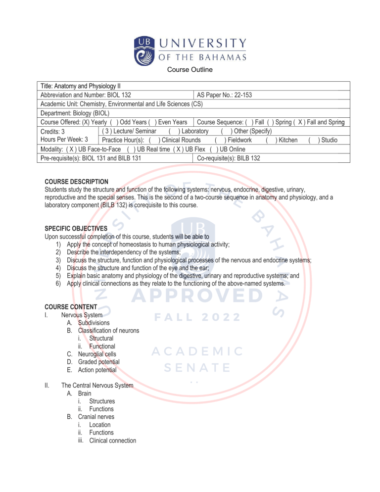 Anatomy & Physiology II Course Outline - BIOL 132