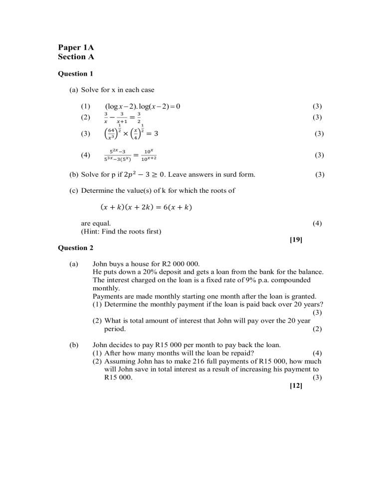 High School Math Exam Paper - Algebra, Calculus, Probability
