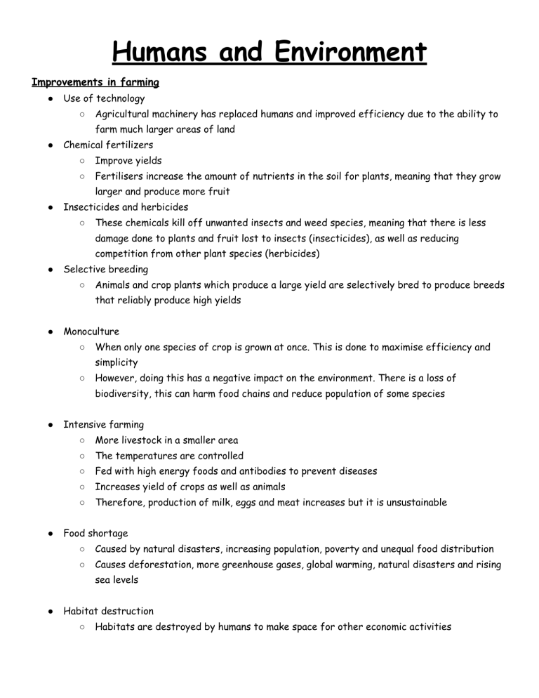 Humans and Environment: Farming, Pollution, Conservation Notes