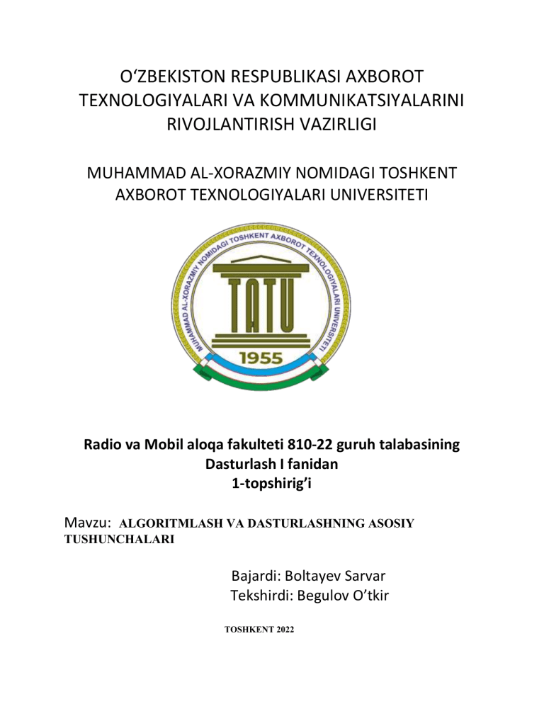 Algoritmlash va Dasturlash Topshiriqlari - C++ Kod Namunalari
