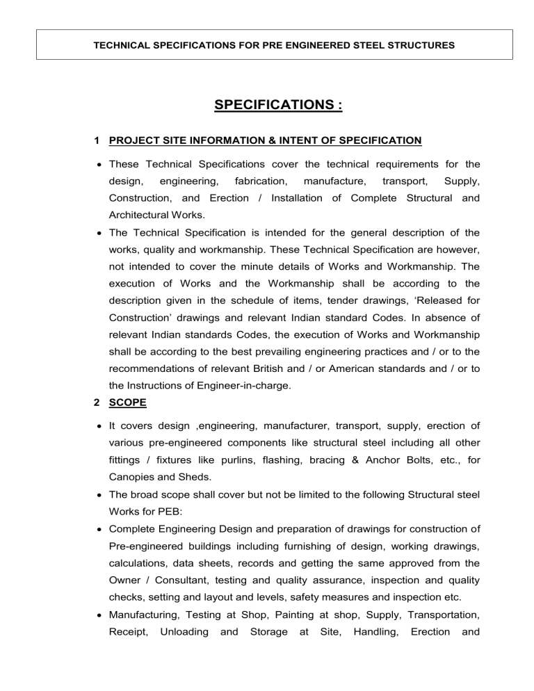 PEB Steel Structure Technical Specifications