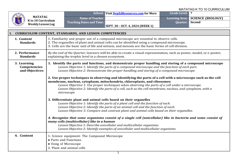 7th Grade Science: Microscope & Cells Lesson Log