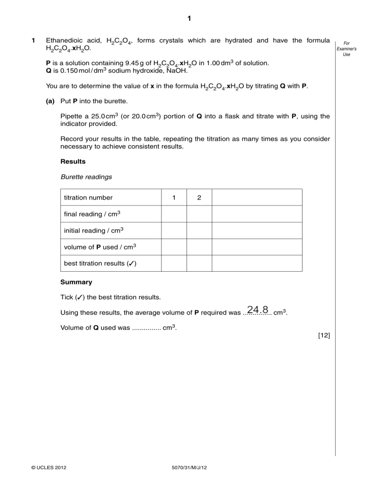 Titration Calculations: Chemistry Exam Paper