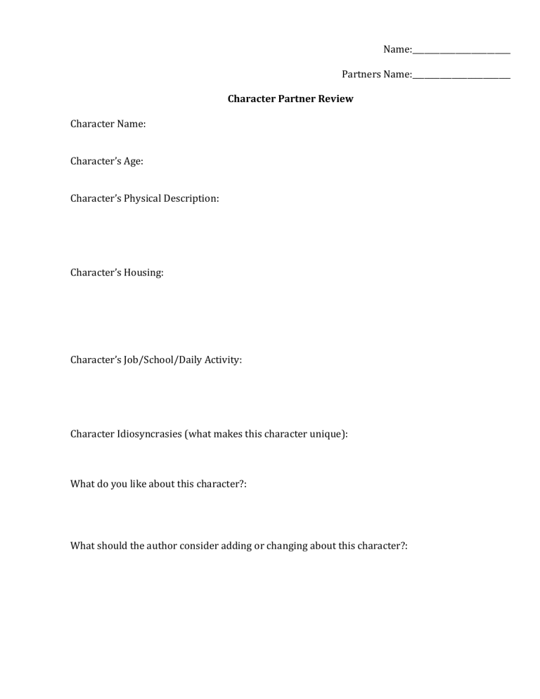 Character Partner Review Worksheet