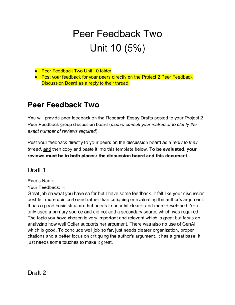 Peer Feedback Template: Research Essay Drafts