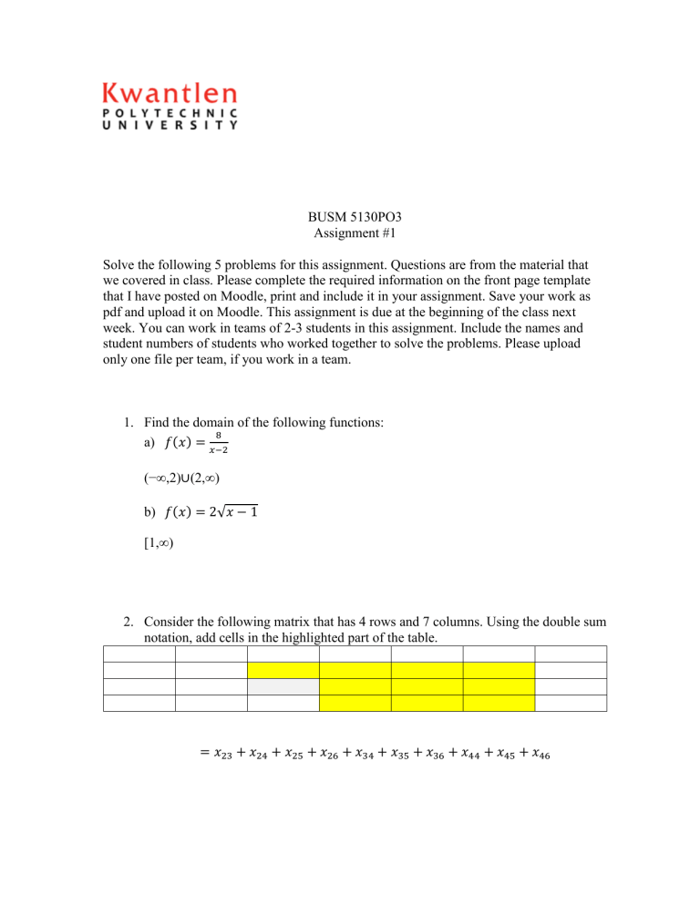 Business Math Assignment: Functions, Matrices, Revenue