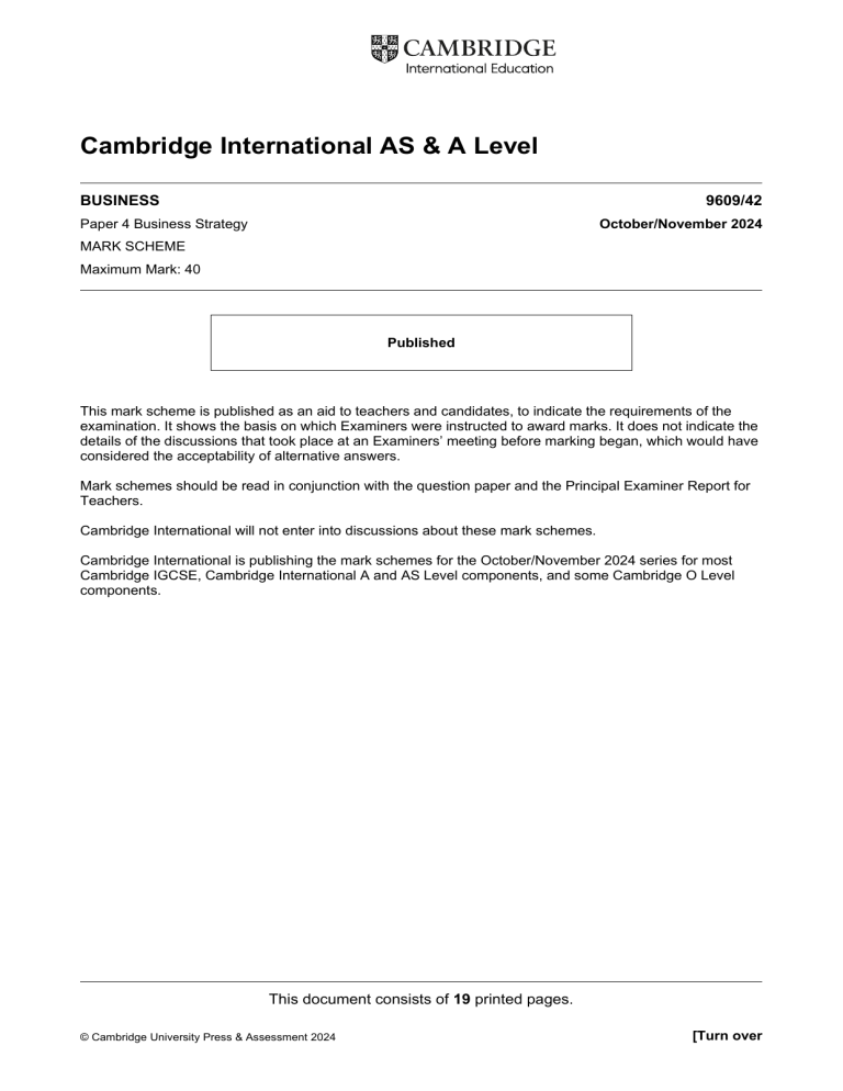 Business Mark Scheme: Cambridge A Level 9609/42 Oct/Nov 2024