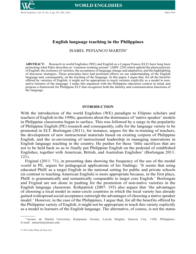 English Language Teaching in the Philippines: WE and ELF