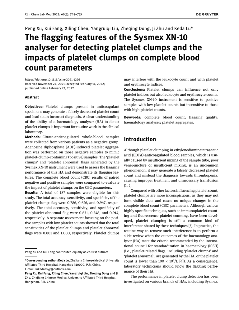 Sysmex XN-10: Platelet Clump Detection & CBC Impact