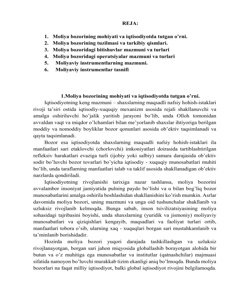 Moliya Bozori: Mohiyati, Tuzilishi va Instrumentlari