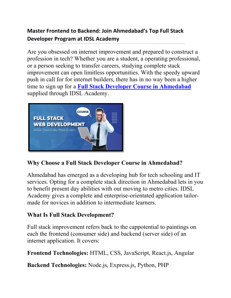Full Stack Developer Course in Ahmedabad | IDSL Academy