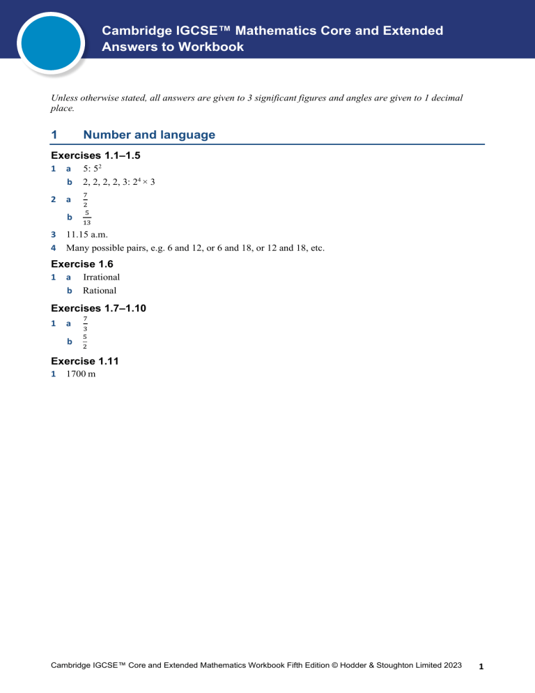 Cambridge IGCSE Mathematics Workbook Answers - Core & Extended