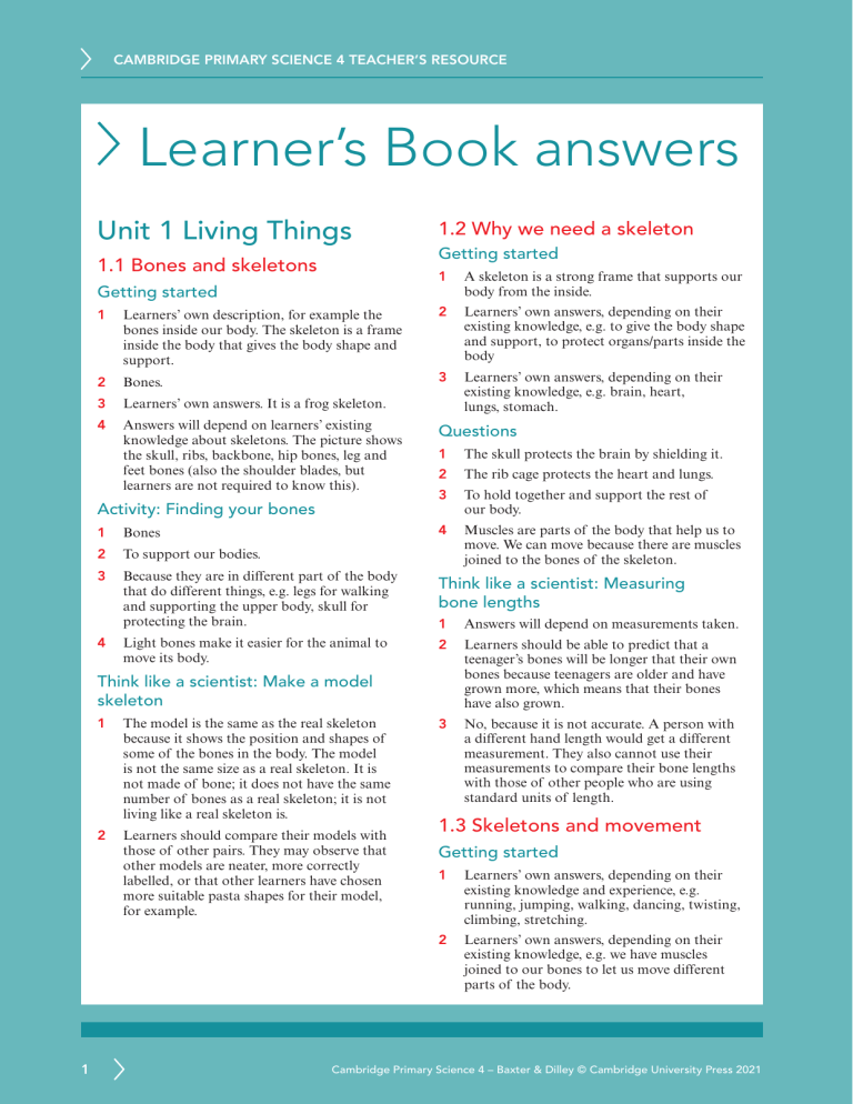 Cambridge Primary Science 4: Learner's Book Answers - Unit 1